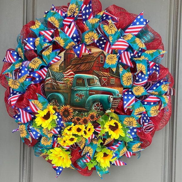 Blue Truck With Sunflowers Wreath Sign, Metal Wreath Sign, Signs for ...