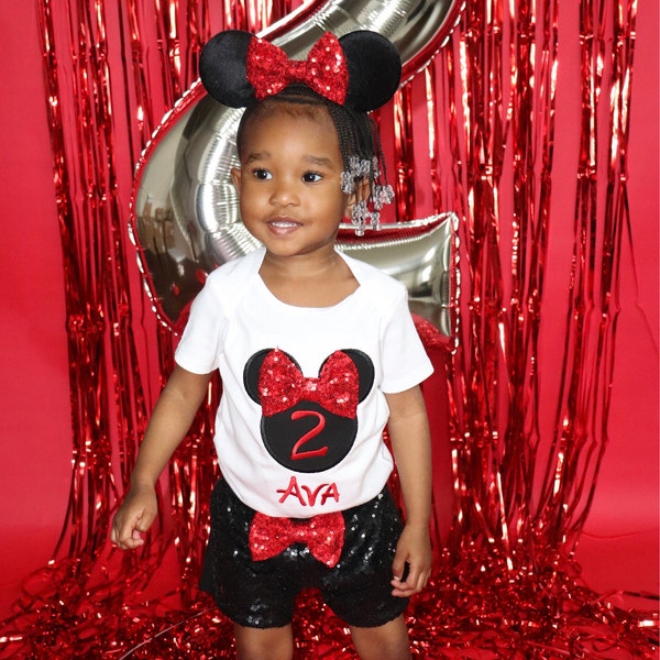 Mouse Birthday Outfit: Personalized Embroidered Top Sequin Shorts Hair ...