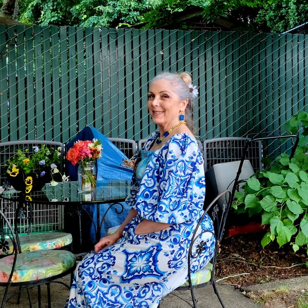 Italian Design Linen Fabric: Blue Tile Print, Summer Clothing, Drapery ...
