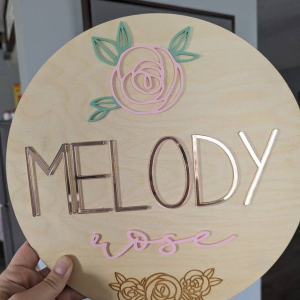 Rose Baby Girl Name Sign Floral Wood Name Sign 3D Name Announcement ...