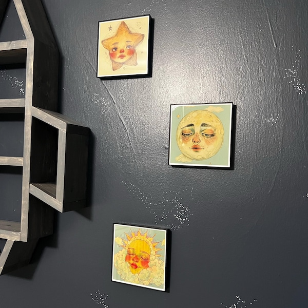 Star Baby Mini 5x5 Print, Celestial Art, Star With Face, Miniature Art ...