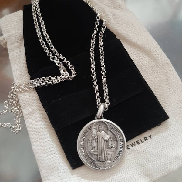 Sterling Silver Saint Benedict Necklace, Personalized Christian Saint ...