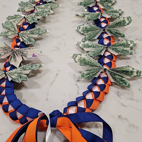 Royal Navy Blue, Orange & White Graduation Ribbon Lei | Thick, High ...