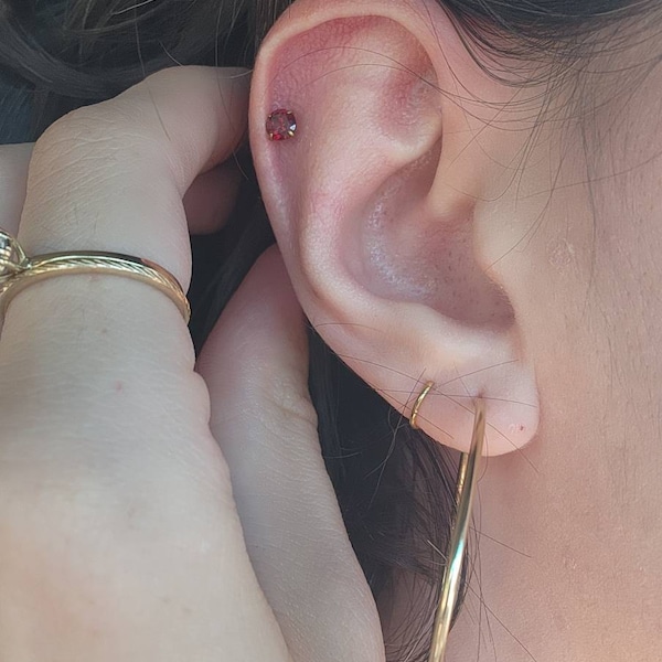 Titanium Garnet Cz Threadless Push Pin Labret Stud, Flat Back Earring, Cartilage Stud, Tragus ...