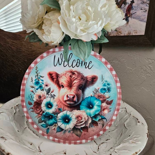 Teal Floral Highland Cow Wreath Sign for Wreaths, Cute Welcome Cow Sign ...