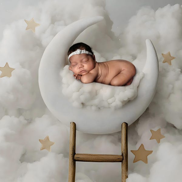 Newborn Digital Backdrop, White Crescent Moon, Baby Boy Girl, Moon Star ...