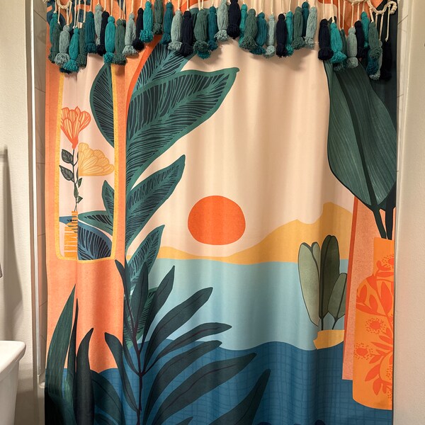 Black Handmade Macrame Boho Chic Midcentury Theme Shower Curtain Hook ...