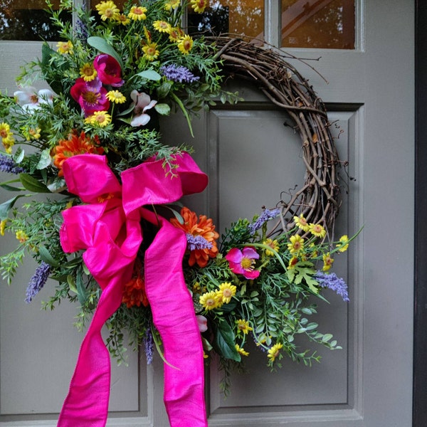 Spring Wreath, Bright Wreath for Spring and Summer, Bright Pink ...