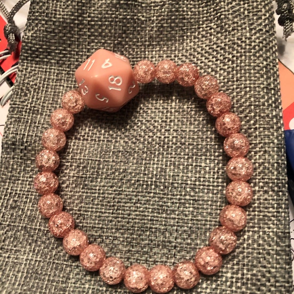 Dnd Bracelet, Rose Crackle Quartz Beads, Elastic Bracelet, Dice, Dnd ...