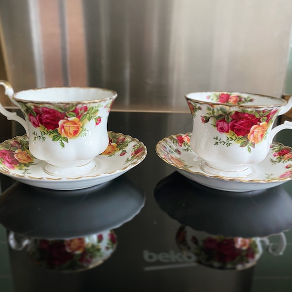 Vintage Tea Set of Cobalt Blue Tea Cup, Pink Cabbage Roses Saucer ...