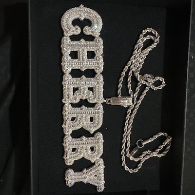 Custom Diamond Icy Script Nameplate Necklace With Tennis Baguette Chain ...