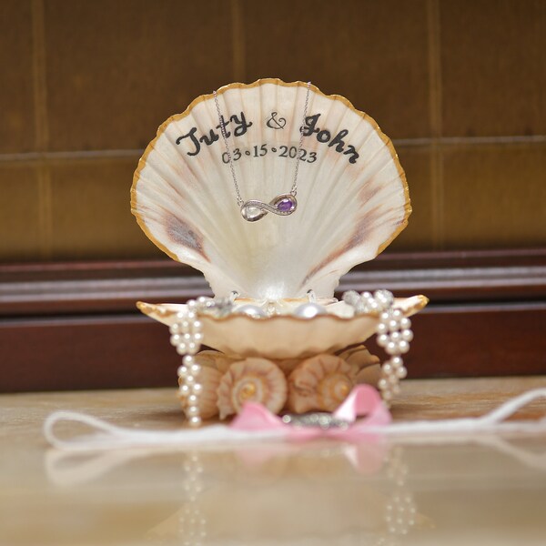 Silver Accented Scallop Seashell Dual Ring Box for Beach Wedding - His ...