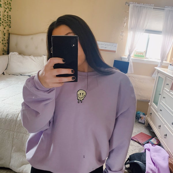 Smiley Drip Melty Face Embroidered Crew Neck Sweatshirt - Etsy