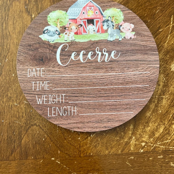 Birth Stat Sign, Round Wood Birth Stat Sign, Farm Animal Birth Stat ...