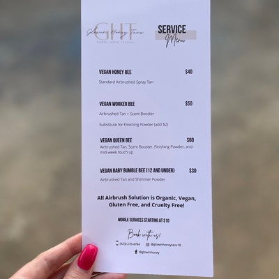 Spray Tan Service Menu Template Salon Price List Spray Tan Business ...