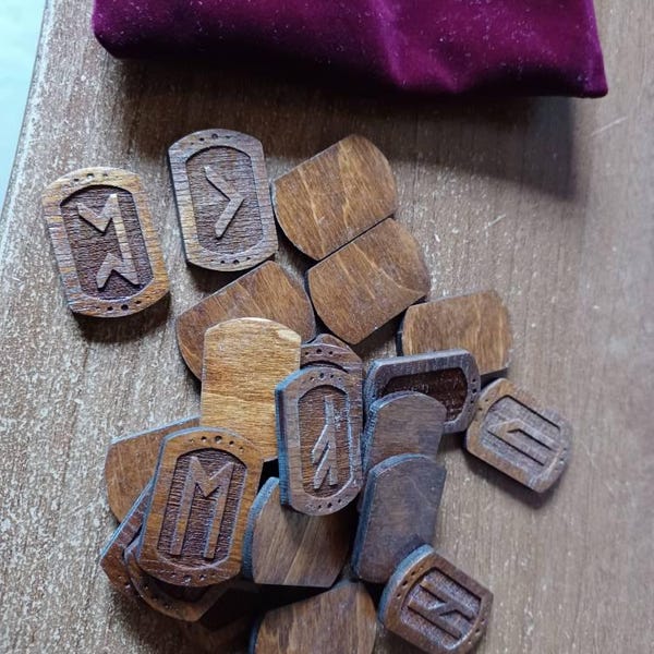 Wooden Runic Set, 25 Pcs With Velvet Pouch | Wood Runes Elder Futhark ...