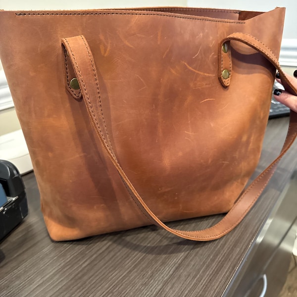 Long Handles Leather Tote, Leather Shoulder Purse for Women, Distressed ...