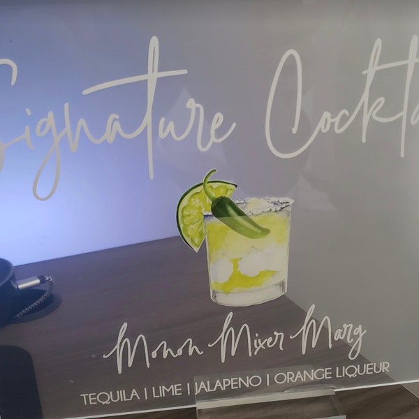 Bar Menu Signature Cocktails Custom Clear Glass Look Acrylic Wedding ...