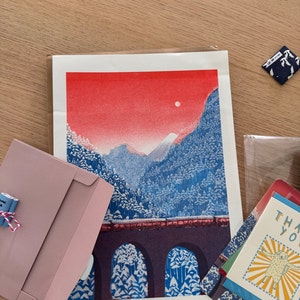 A4 Risograph Print. Slow Train Through Sunset Snowy Mountain Bridge. 2 ...