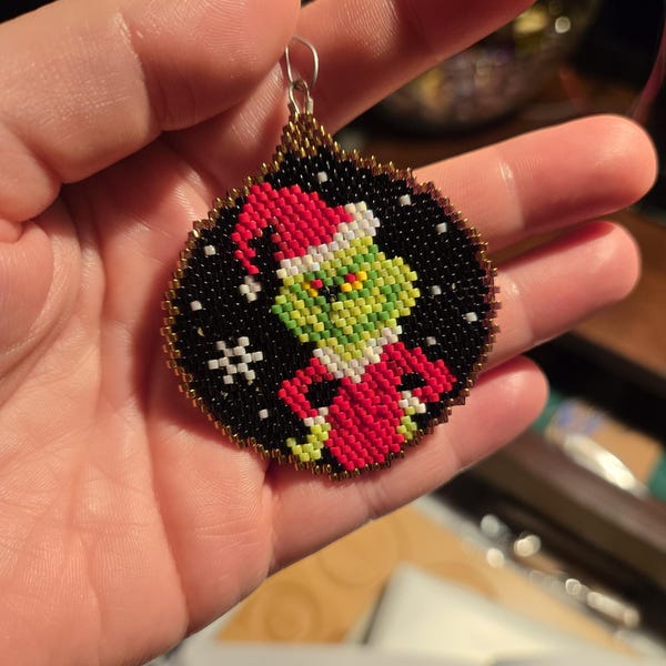 Beaded Grinch Face Round Flat Christmas Ornament Miyuki Brick Stitch ...