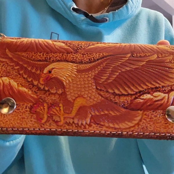 Carved Leather Biker Wallet Chain Eagle Carved Wallet Bifold Western ...