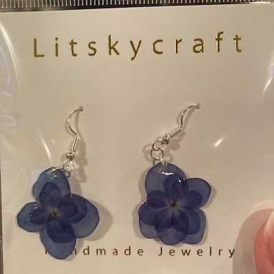 14K Gold Forget Me Not Resin Flower Earrings, Handmade Pressed Real ...