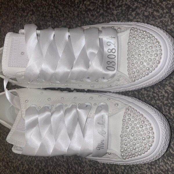 Wedding Bridal Custom White Converse, Crystals, Pearls, Personalised ...