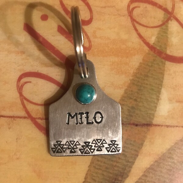 Custom Pet ID Tag With Turquoise - Aztec Cattle Ear Tag - Cowdog Name ...