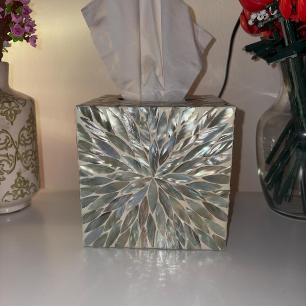 White Mother of Pearl Inlay Black Tissue Box, Square Cube Tissue Holder ...