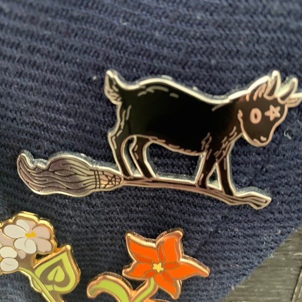 Baby Goat Learning to Ride a Broom Enamel Pin | Silver Plated Push Pin ...