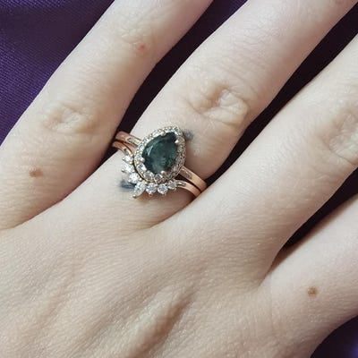 Marquise Cut Moissanite Engagement Ring Set Rose Gold Unique Moss Agate Wedding Band Cluster ...