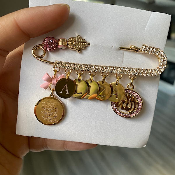 Personalized 4 Qul Ayatul Kursi Allah Pink Blue Diamante Baby Pins ...