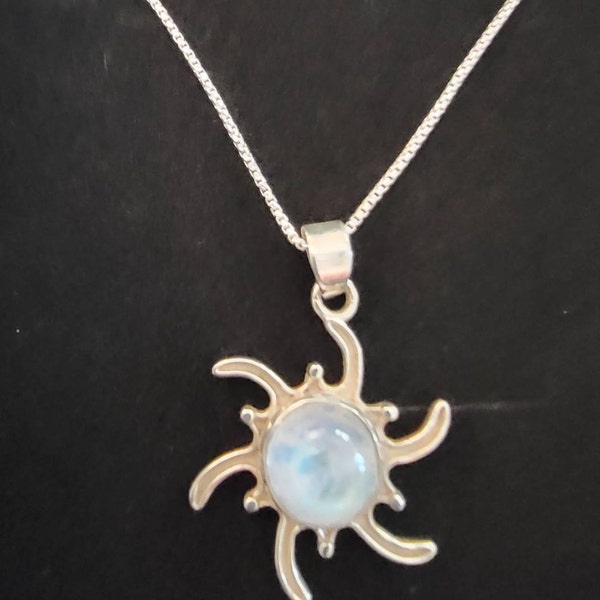 Rainbow Moonstone Necklace, Sterling Silver Moonstone Sun Pendant ...