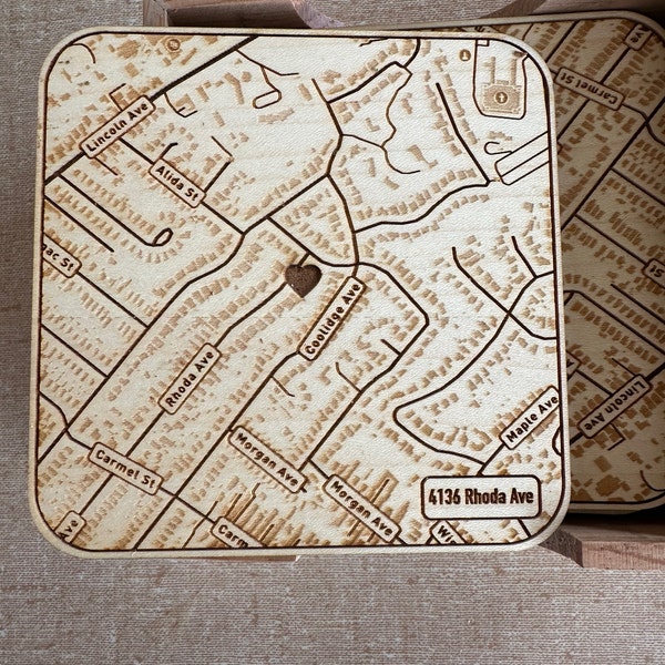 Custom Wood Coasters With Engraved Street Map | Address of Your Choice ...