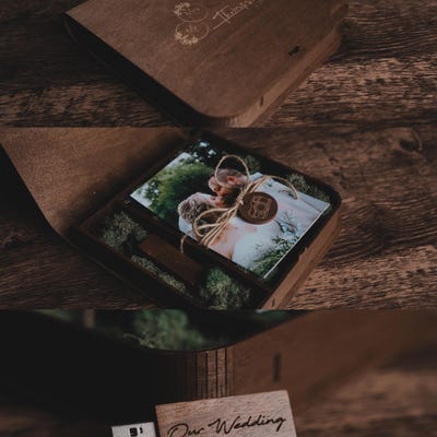 4x6 Wedding Photo Box and USB Flash Drive 3.0 Wooden Photo Box for ...