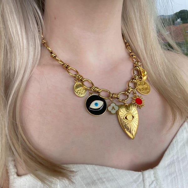 Chunky Charm Necklace, Custom Charm Necklace, Gold Vintage Charm ...