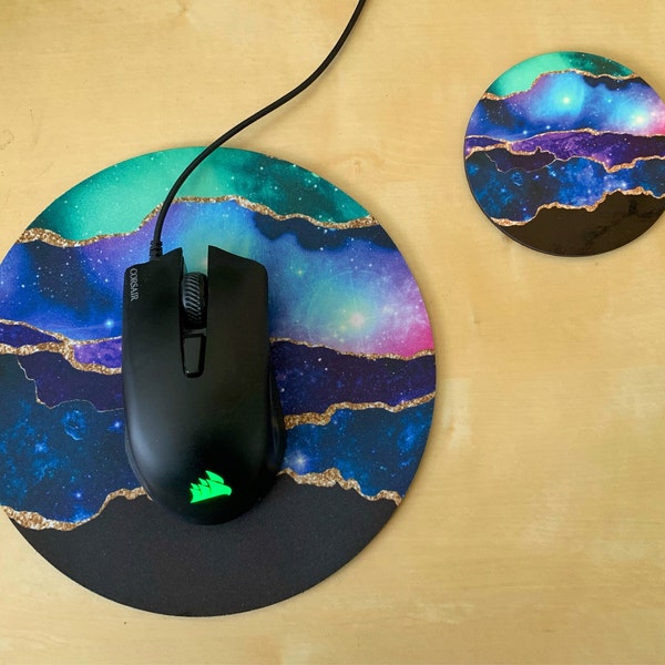 Mouse Pad Galaxy Agate Design Printed Mousepad, Optional Coaster Blue ...