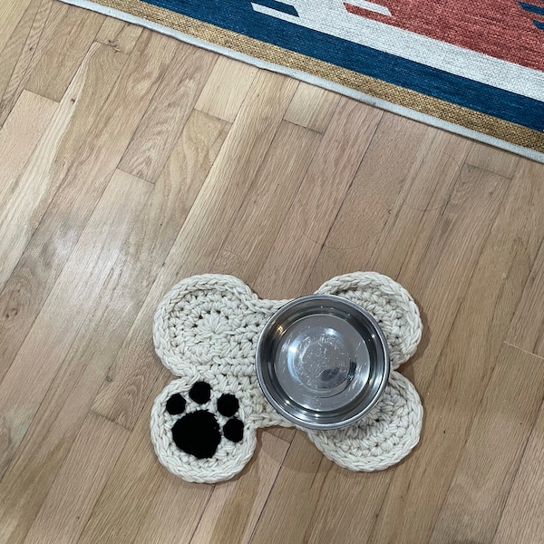 Ivory Beige Dog Mat With Paw Print, Personalized Dog Bone Food Water ...