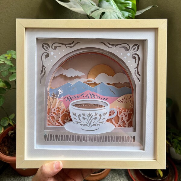 Morning Coffee SVG Shadow Box Template, Sunrise 3D SVG Cardstock ...