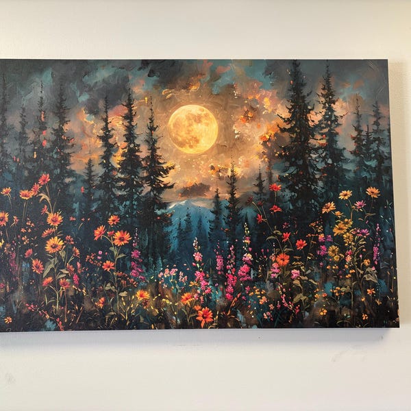 Full Moon Pine Tree Forest Canvas Painting, Moonlit Forest Canvas ...