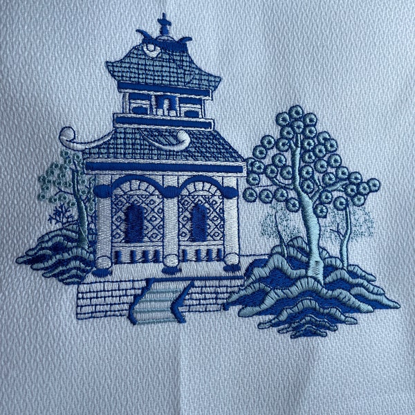 Chinoiserie Chic Blue Willow Pagoda - Machine Embroidery File Design ...