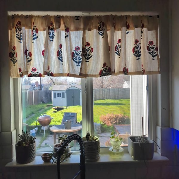 Red Blue Poppy Print Valance, Cafe Curtains, Small Size Panels, Kitchen ...