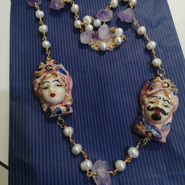 Sicilian Necklace With String of Lava Beads and Caltagirone Ceramic ...