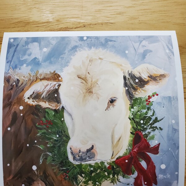 Christmas Cow Art Print, Cow Painting, Cow Art, Christmas Cow, Cow With ...