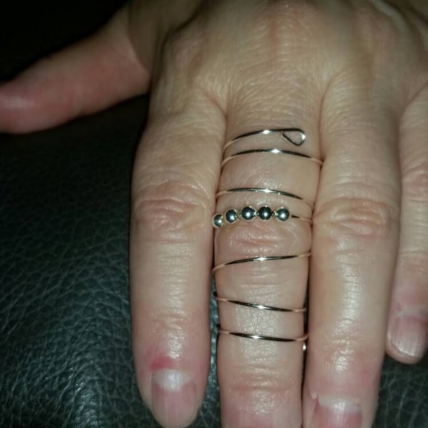 Silver Wire Beaded Full Finger Ring, Long Silver Spiral Wire Ring ...