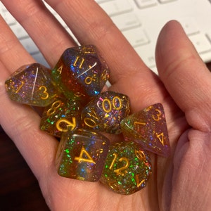 Rainbow Sparkle Dice Set Multicolored Glitter Layer , Translucent With ...