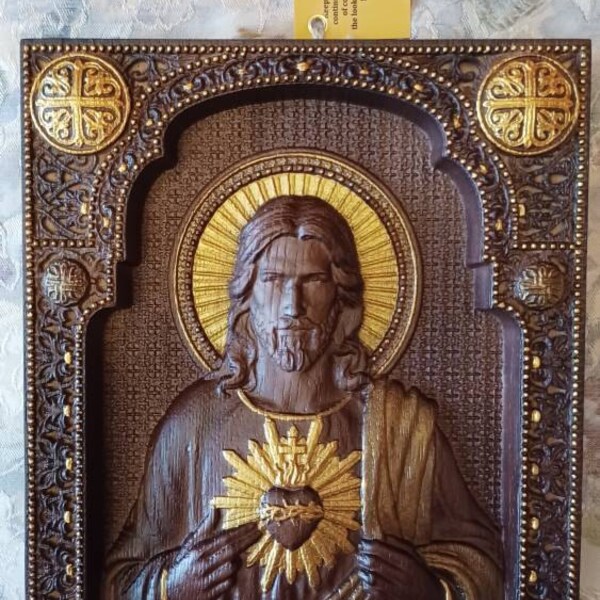 Sacred Heart of Jesus Wood Carving: Engraved Catholic Icon, Religious ...