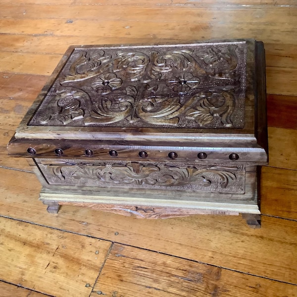Hand Carved Puzzle Box, Jewelry Box With Key, Wooden Carved Chest ...