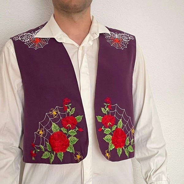 Green Vest With Floral Embroidery - Spanish Flowers - Handcrafted From ...