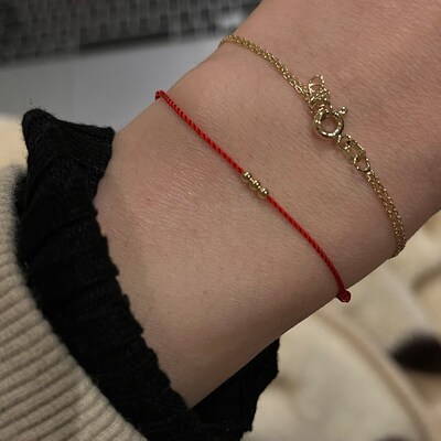 14k Gold Red String Bracelet Silk Cord Red Wish Bracelet Solid Gold ...